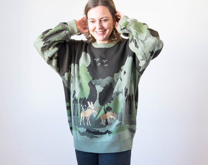 Vintage 80s Green Reindeer Sweater, Oversized Sweater, Forest Especial ...