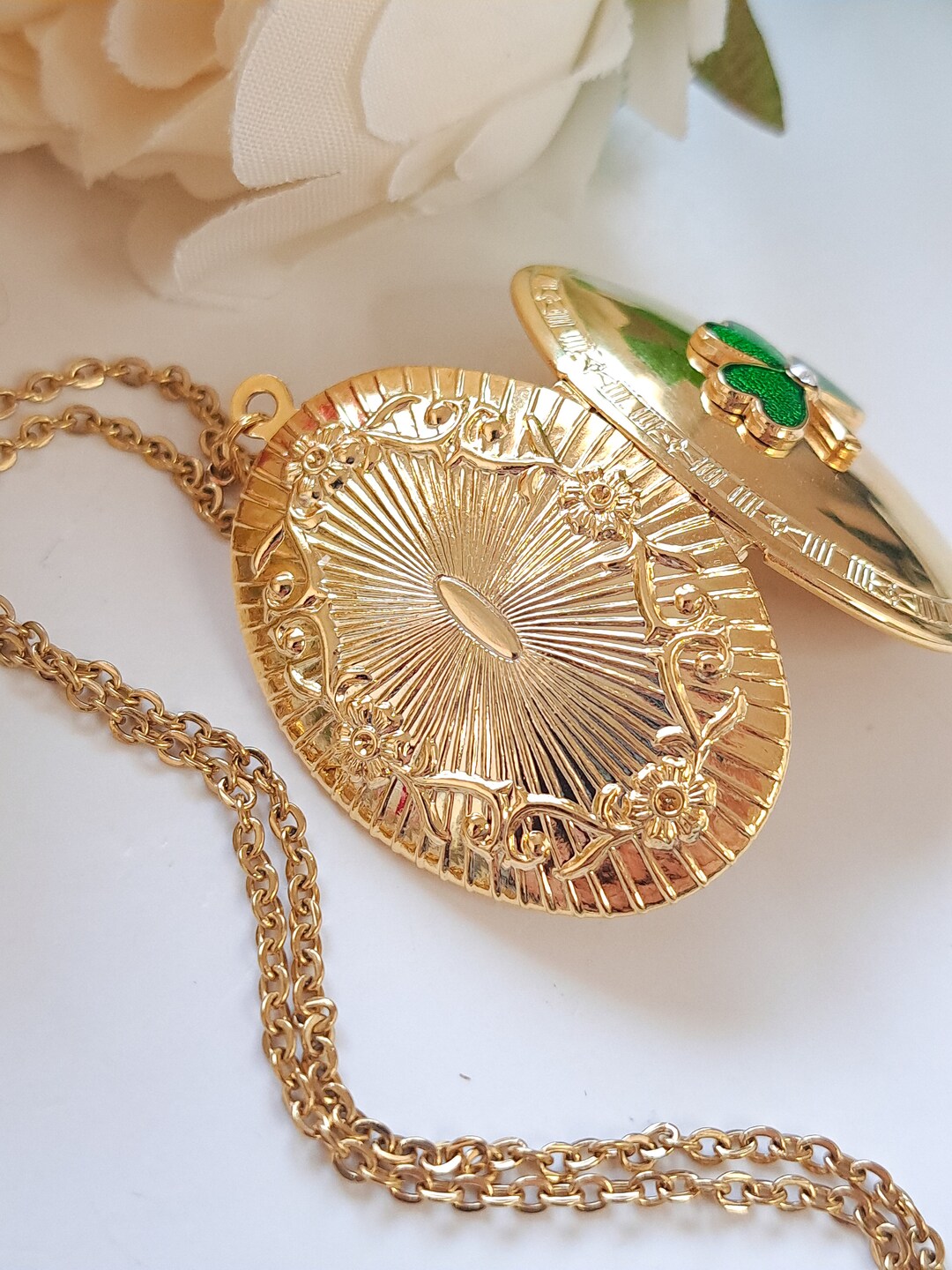 Large Locket Necklace, Gold Locket for Photo, Gold Plated Clover Locket ...
