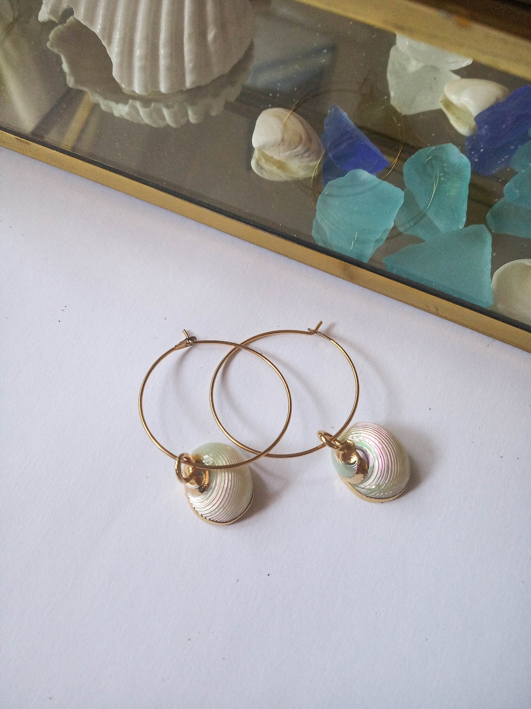 Boho Seashell Earrings, Dainty Hoop Earrings With Charm, Natural ...