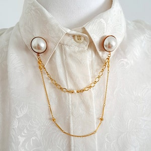 UNUSED Vintage Pearl Collar Pins, Statement Pearl Collar Pin Chain, Gold Collar Pins Chain ...