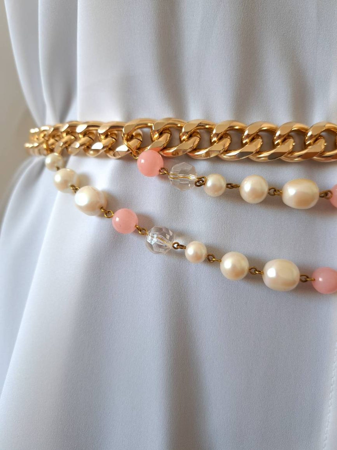 90s NEVER USED Chain Belt, Chain and Faux Pearl Belt, Pink Beaded Multi ...