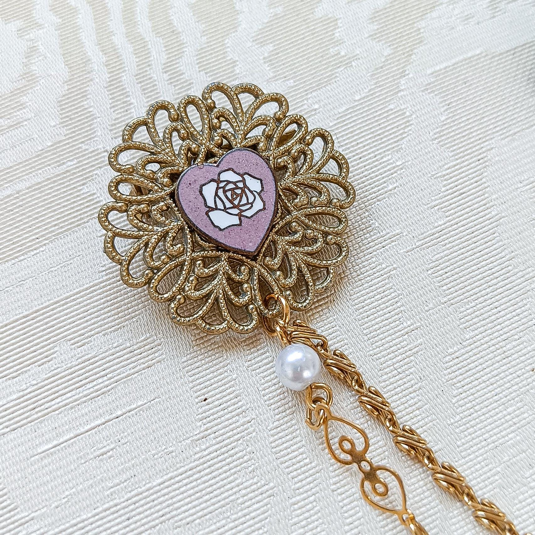 80s Gold Pink Collar Pin Chain With Pearl Chain, Flower Collar Pins ...