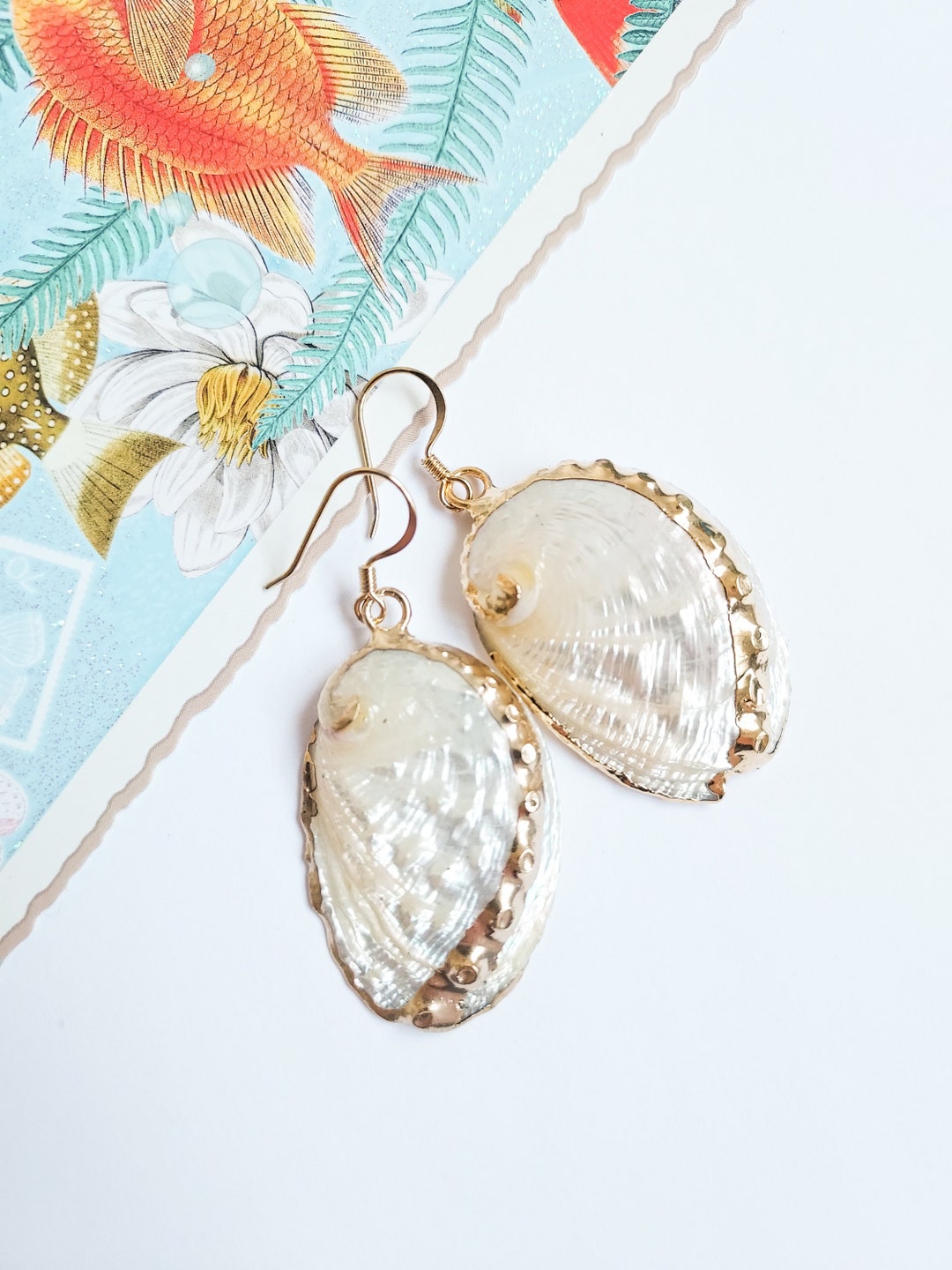 Boho Natural Dangle Seashell Earrings With 24K Gold Plate Trim, Puka ...