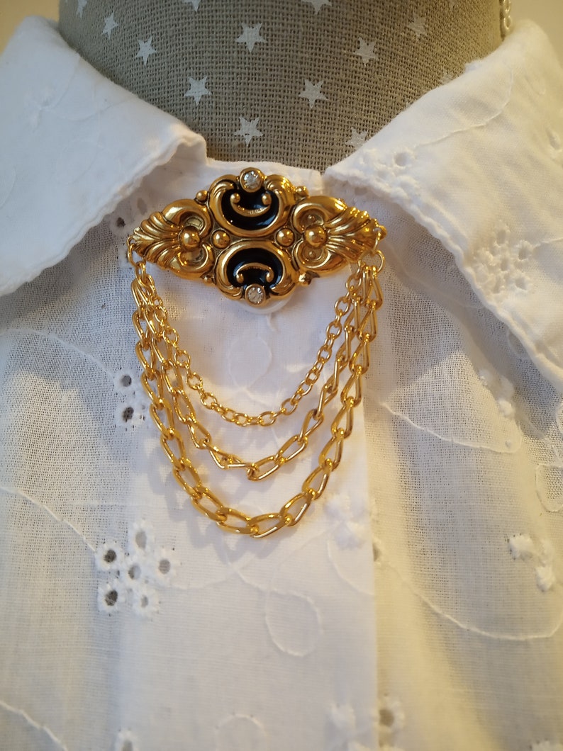 80s Victorian Collar Brooch Gold Collar Pin With Chain 80s - Etsy