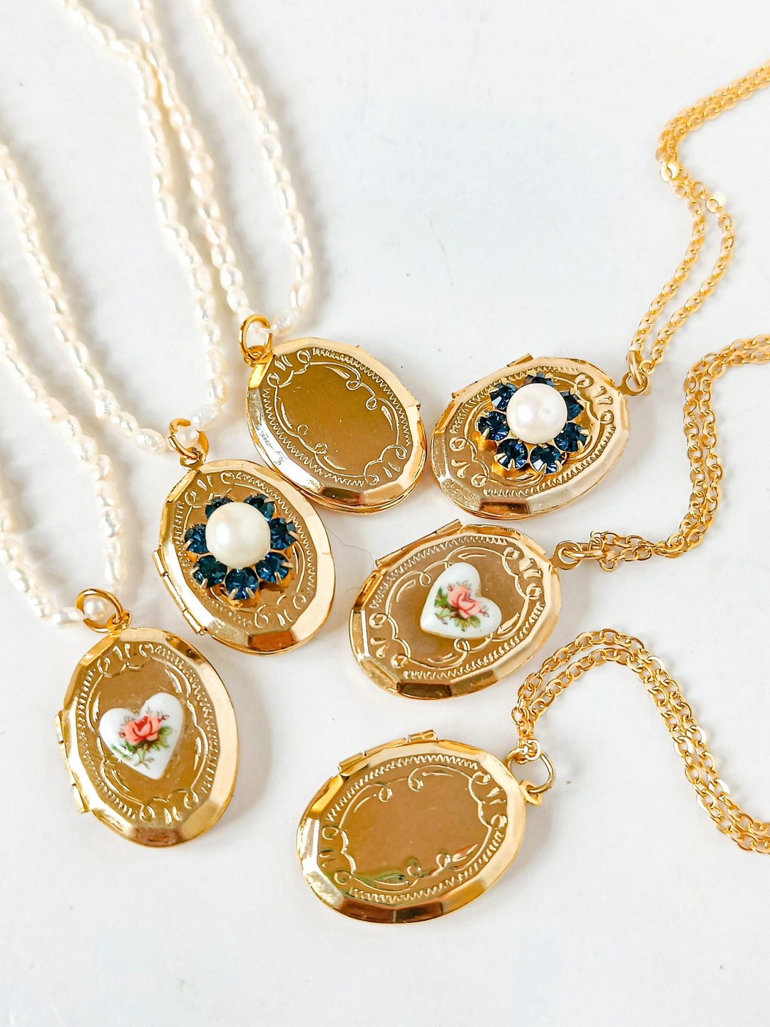 Gold Vintage Locket Necklace, Pearl Locket Necklace, Flower Locket ...