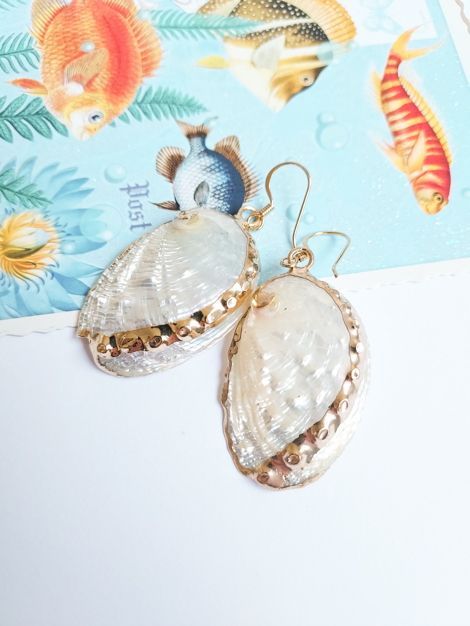 Natural & Gold Seashell Earrings, Dangle Sea Shell Earrings, Vintage ...