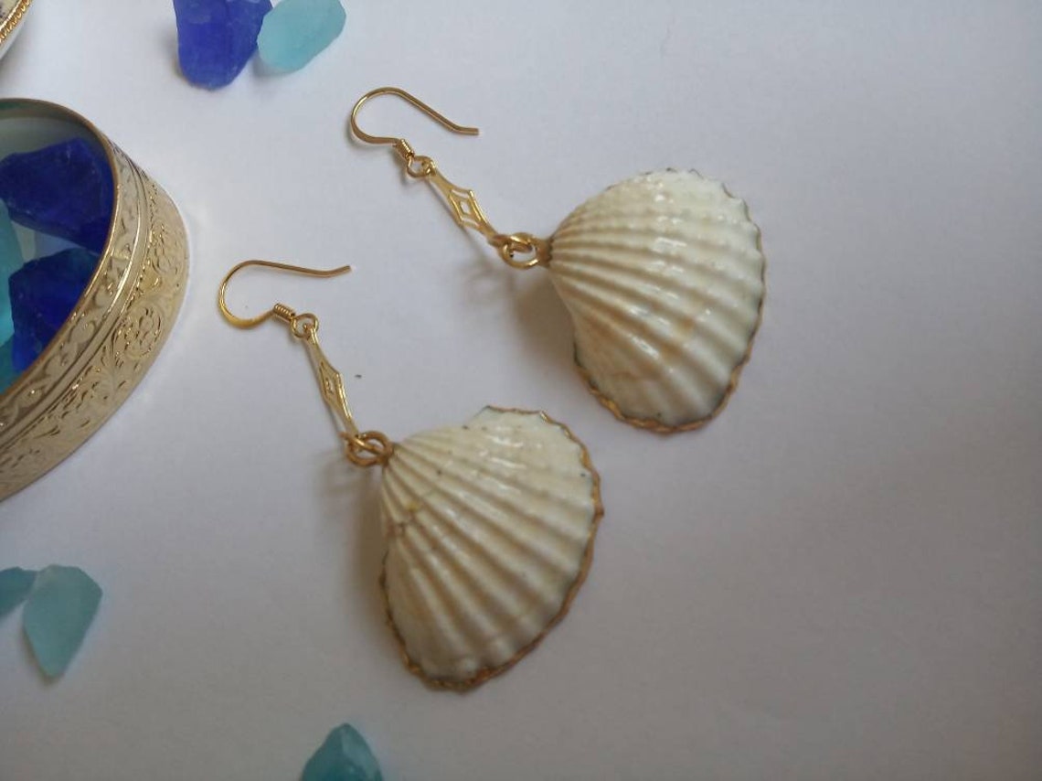 Natural & gold seashell earrings dangle sea shell earrings | Etsy