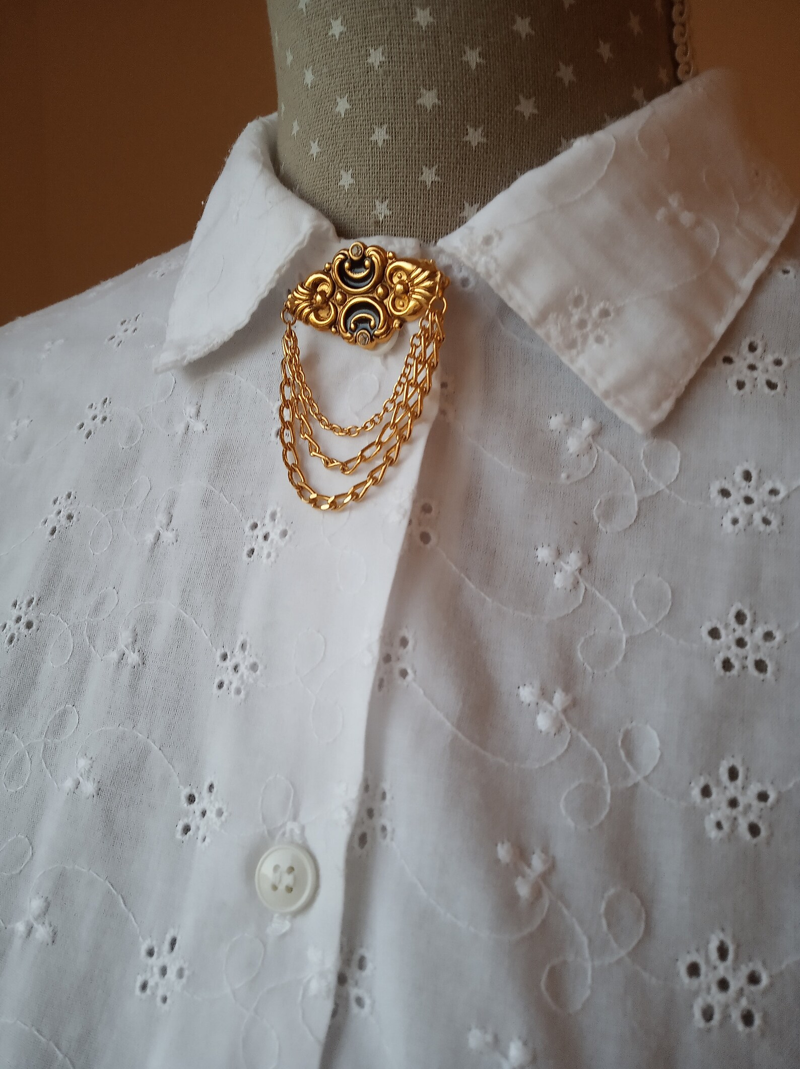 80s Victorian collar brooch gold collar pin with chain 80s | Etsy