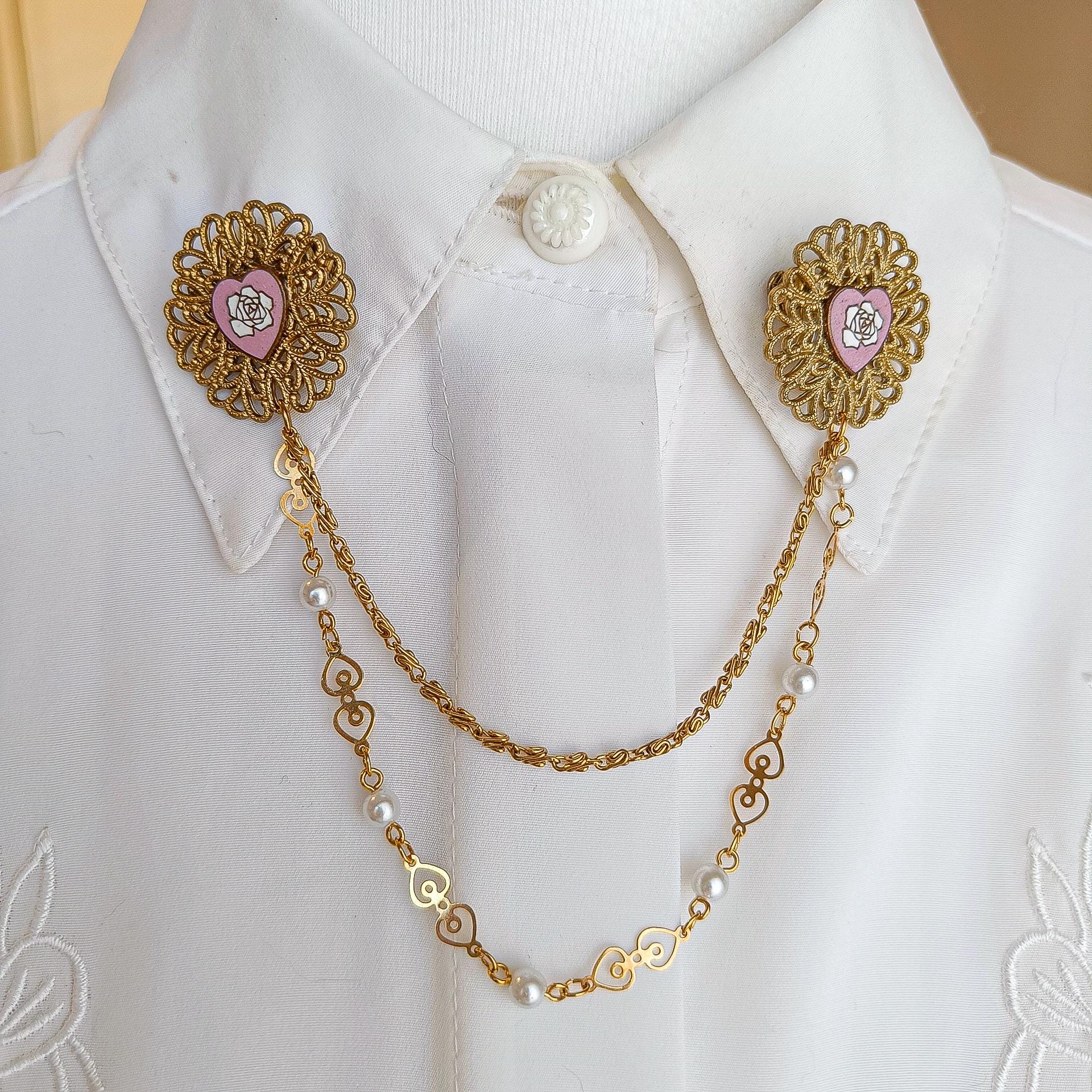 80s Gold Pink Collar Pin Chain With Pearl Chain, Flower Collar Pins ...