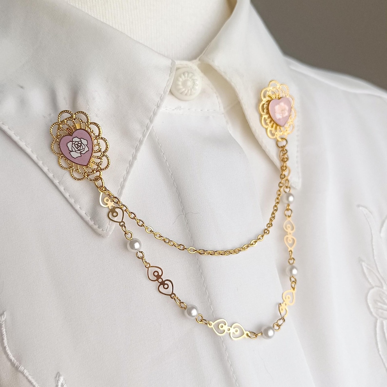 80s Gold Pink Collar Pin Chain With Pearl Chain, Flower Collar Pins ...