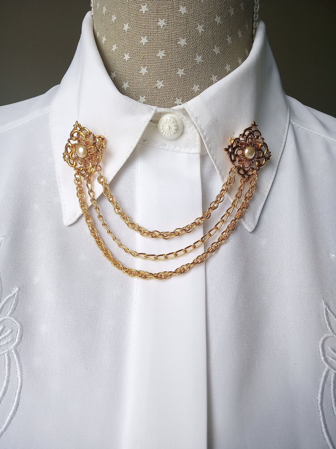 80s Victorian Collar Pin Chain Gold Collar Pin Chain With | Etsy