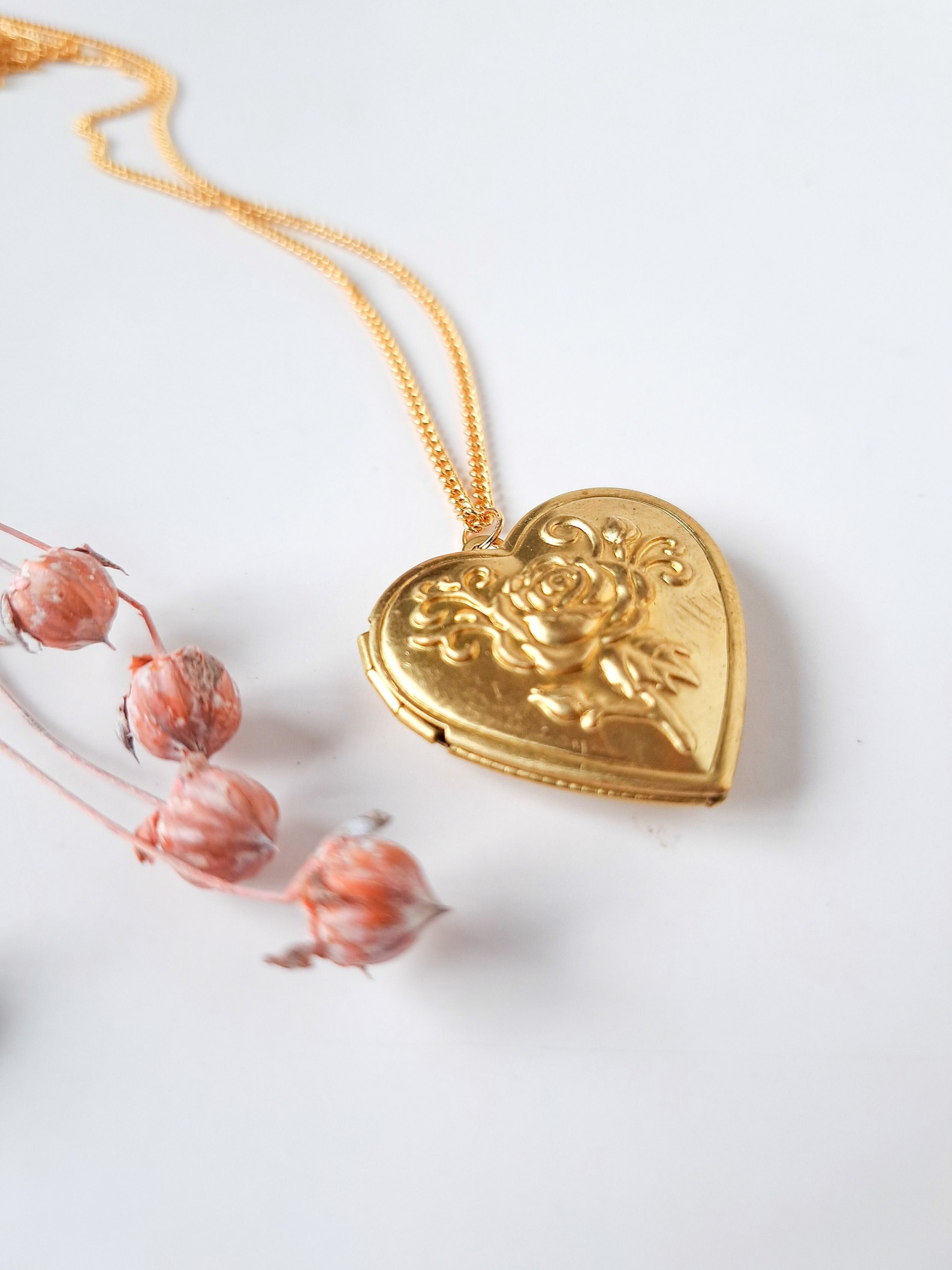 Vintage Gold Heart Locket Necklace, Rose Locket for Photo, N.O.S. Raw ...