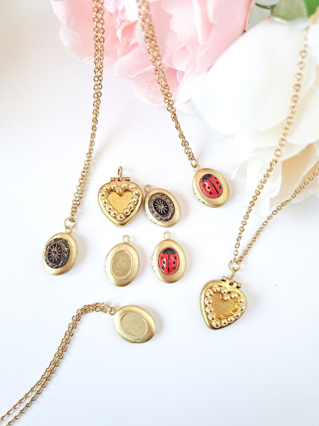 Vintage Gold Locket Necklace for 2 Photos, Small Brass Oval Locket ...