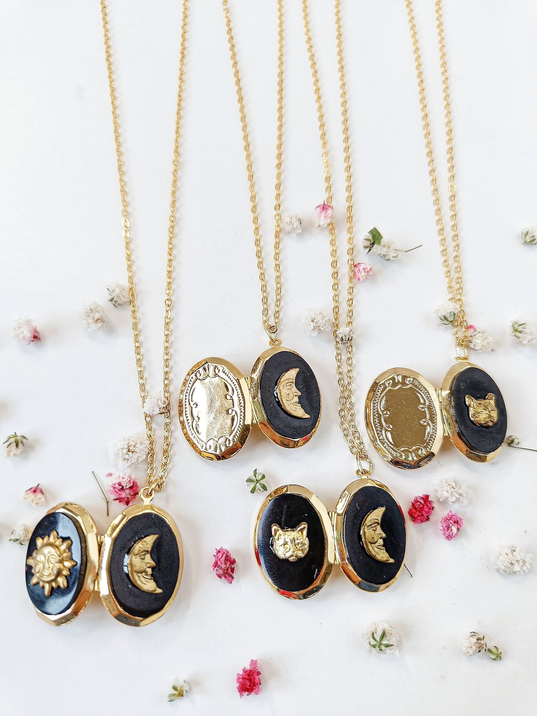 Gold Half Moon Locket Necklace, Waining Moon Black Shell Mourning ...