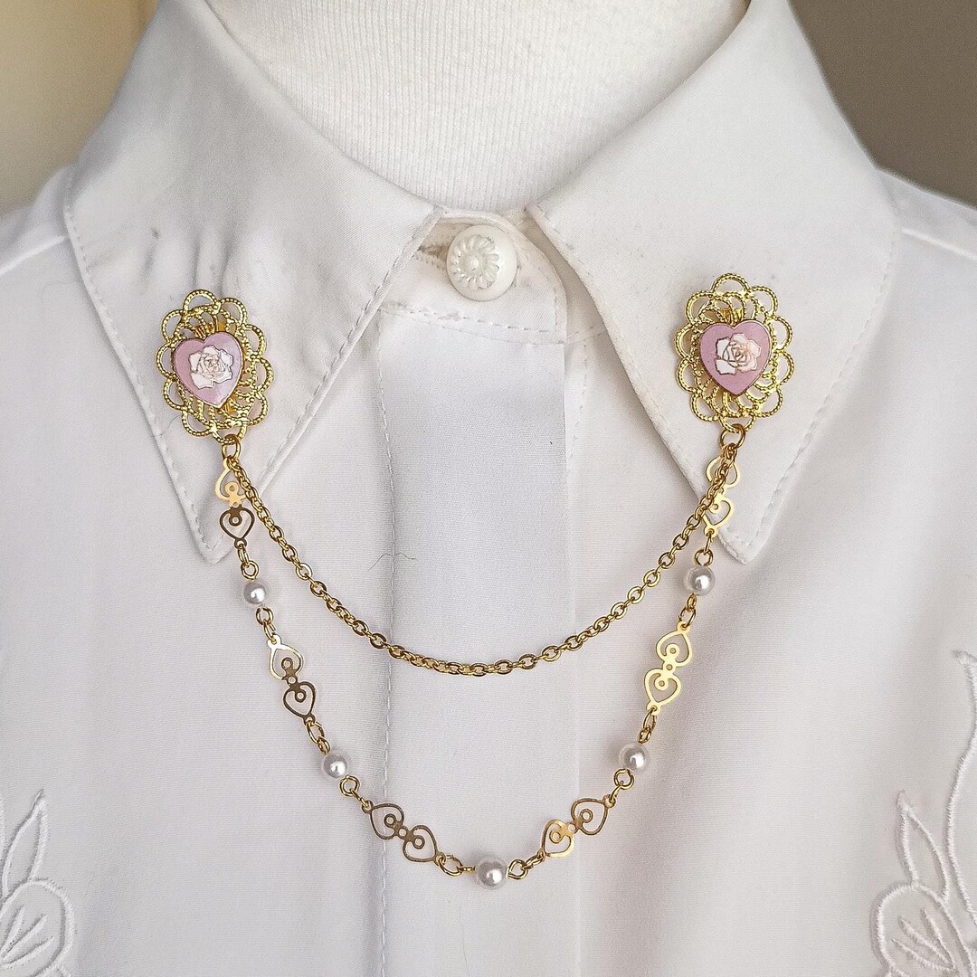 80s Gold Pink Collar Pin Chain With Pearl Chain, Flower Collar Pins ...