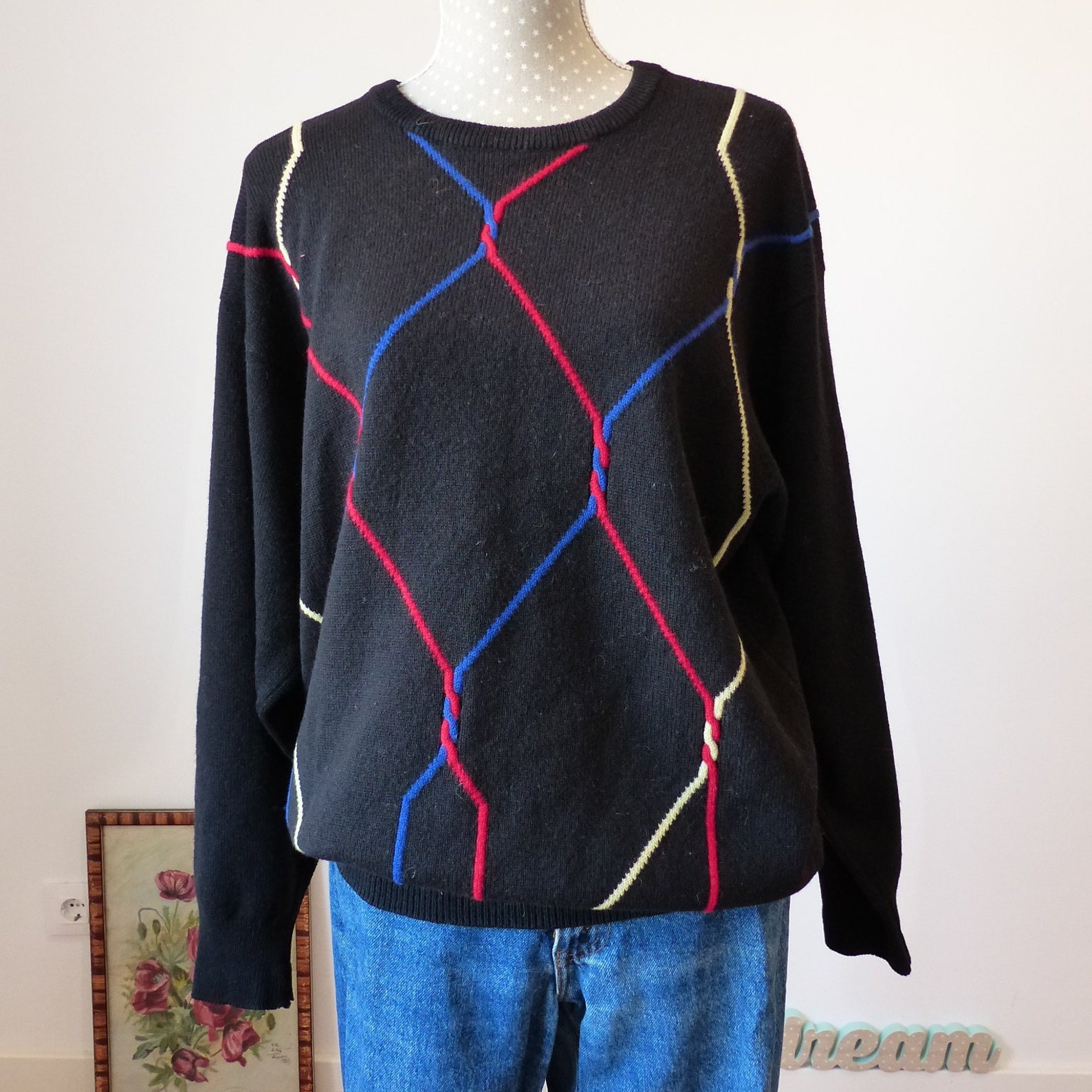 Vintage Black Wool Sweater XL 90s Black Sweater Geometric - Etsy