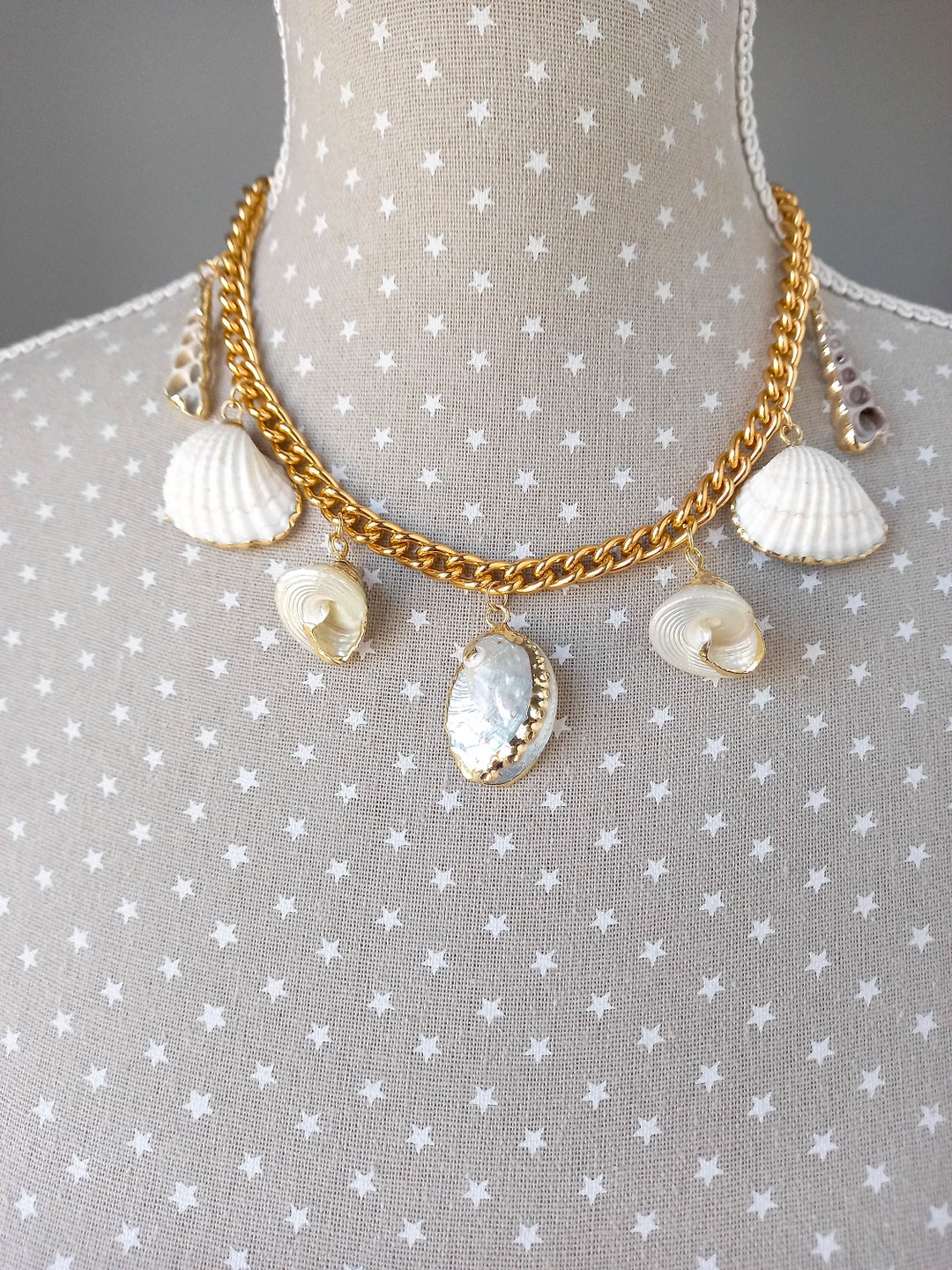 Statement Gold Seashell Chain Necklace, Gold Chunky Chain Real Shell ...