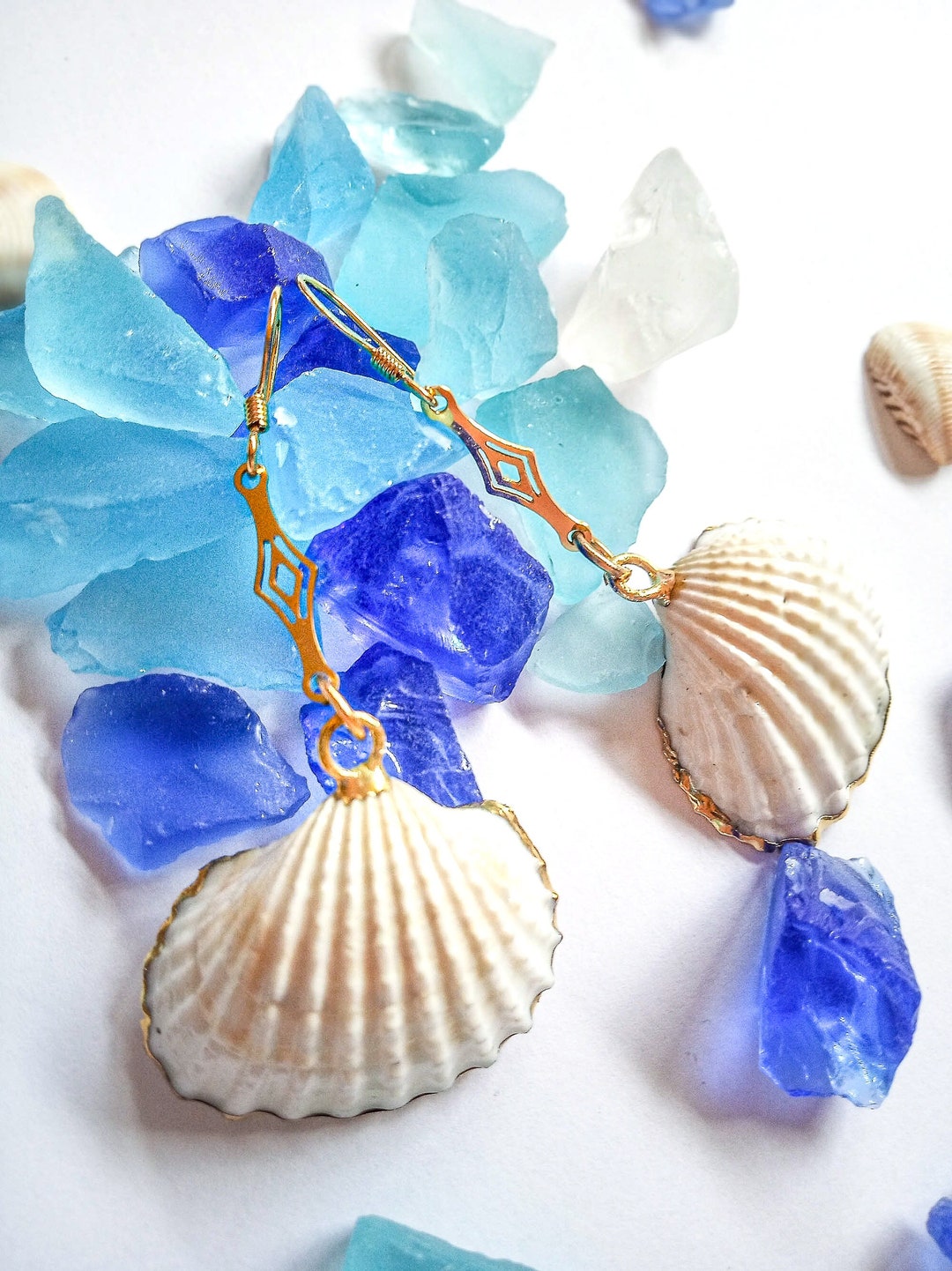 Natural & Gold Seashell Earrings, Dangle Sea Shell Earrings, Vintage ...