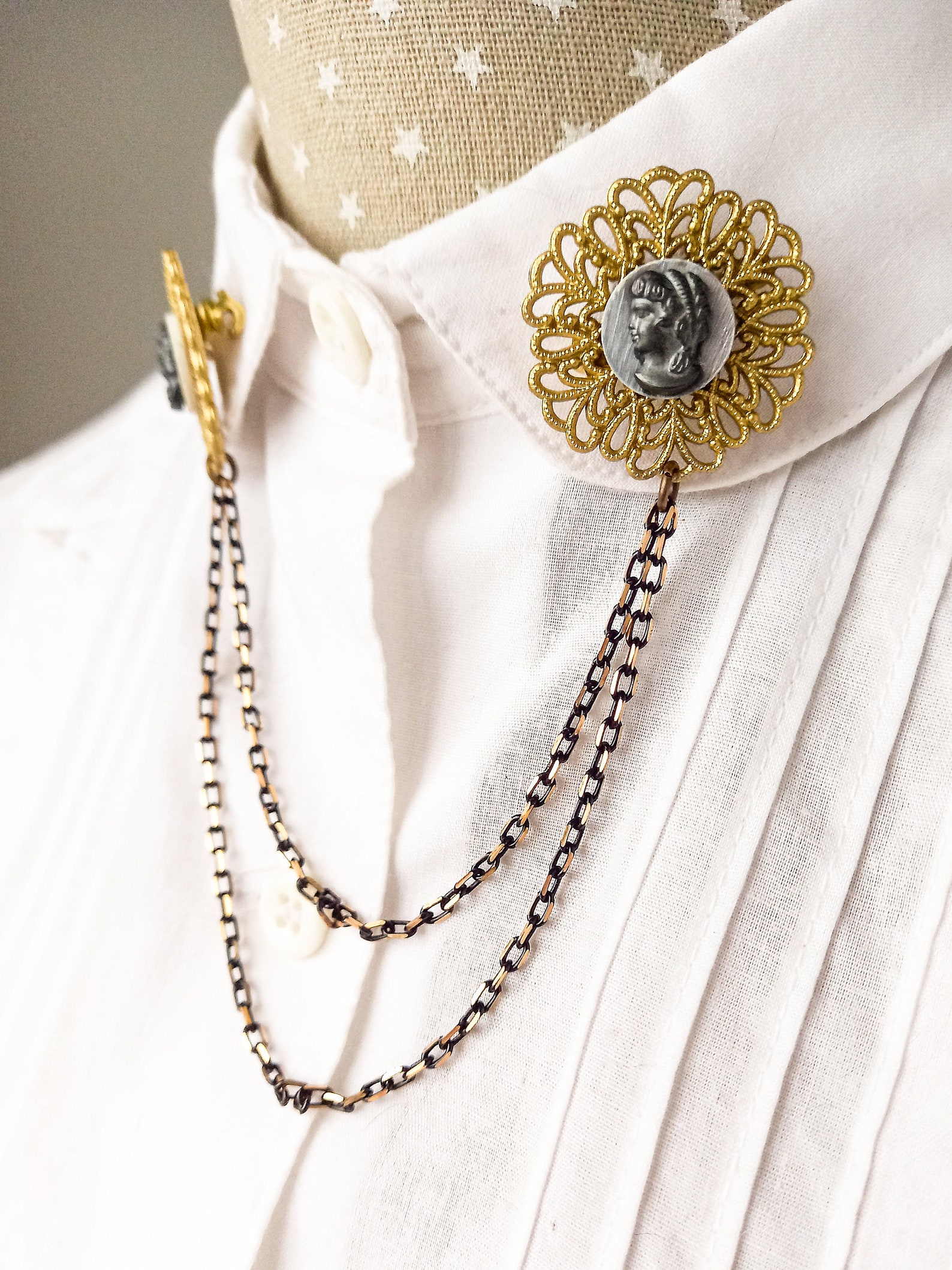 Victorian Collar Pin Chain, Black Gold Art Deco Vintage Collar Pins ...