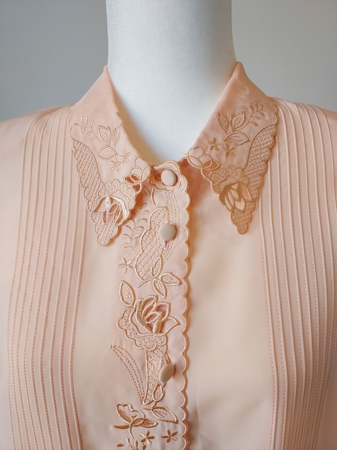 Vintage Pastel PEACH Blouse, Embroidered Secretary Blouse, Embroidered ...