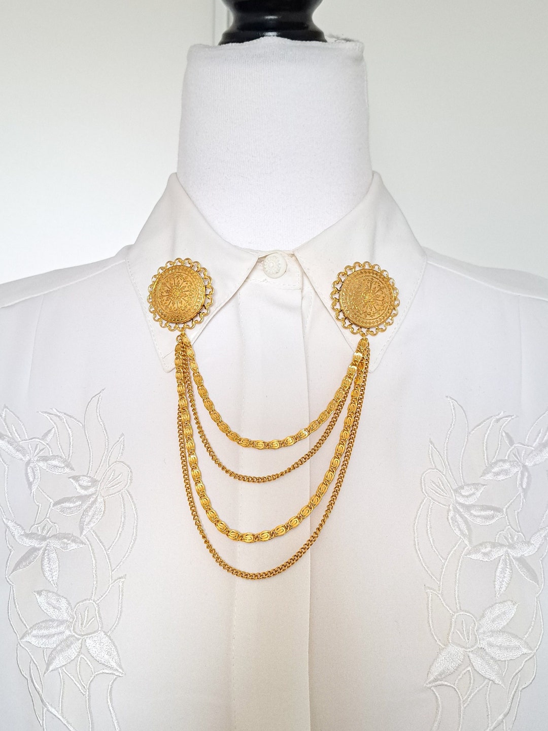 Art Deco Vintage Collar Pins Chain, Wedding Gold Collar Pin Chain ...