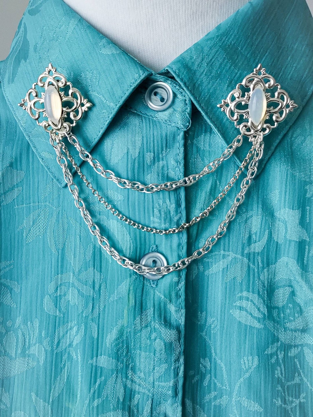 Silver Vintage Victorian Collar Pin Chain, Filigree Collar Pin Chain ...