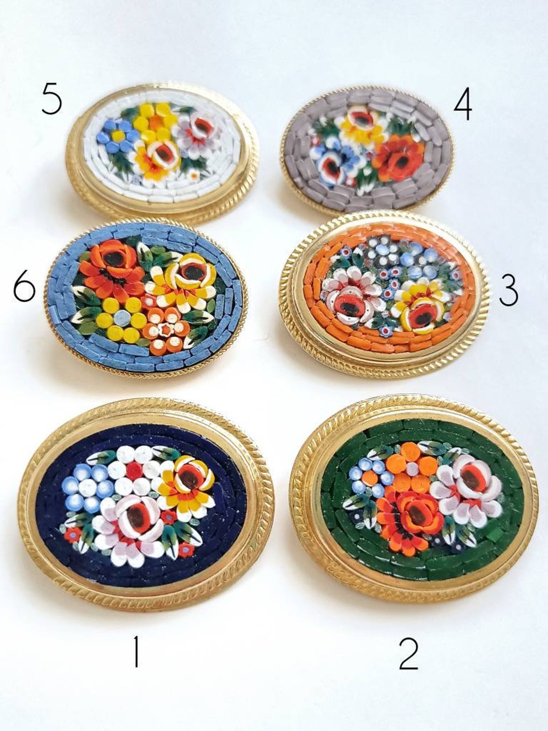 Vintage 50s Floral Oval Brooch, NOS unworn Mid Century Mosaic Brooch ...