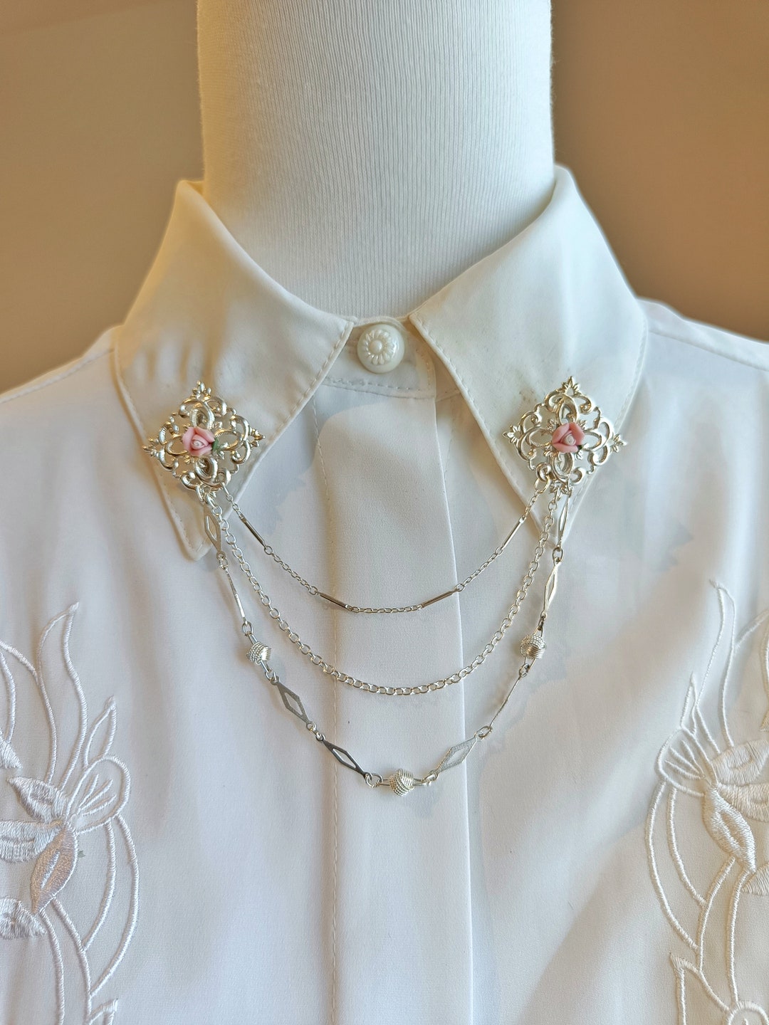 Silver Victorian Collar Pin Chain, Vintage Collar Chain Pin, 80s Collar Pin With Chain ...