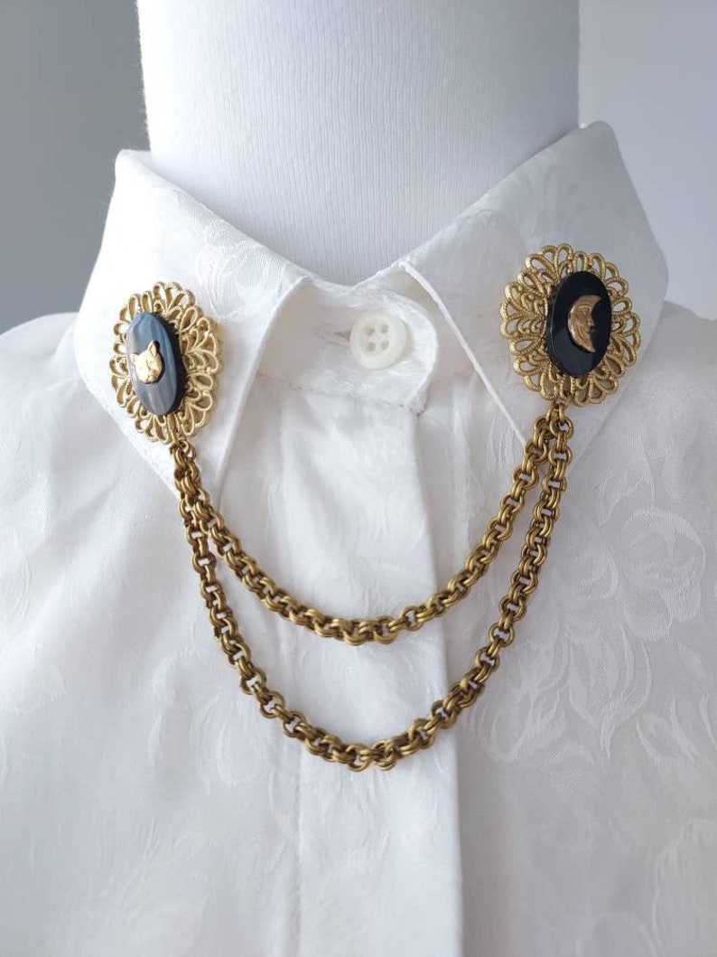 Vintage Victorian Style Collar Chain Pins , Gold Cat Collar Pins, Black ...