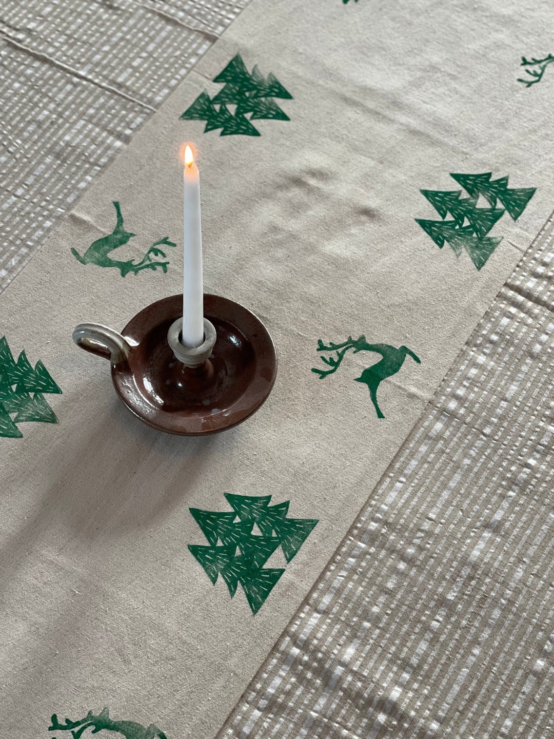 Holiday Christmas Deer Pine Tree Table Runner, Hand Printed Table ...