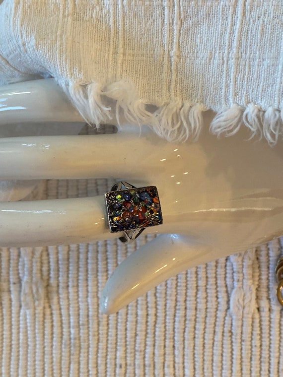 Sterling Confetti Glass Ring Retro Made in England TM… - Gem
