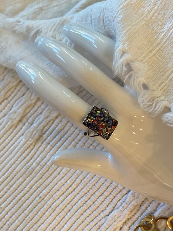 Sterling Confetti Glass Ring Retro Made in England TM… - Gem
