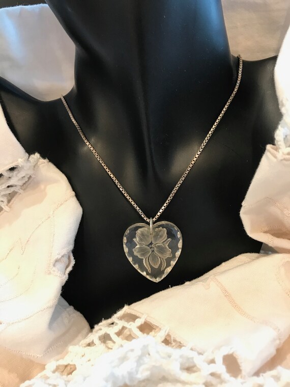 Intaglio Crystal Heart Necklace Sterling Chain - Gem