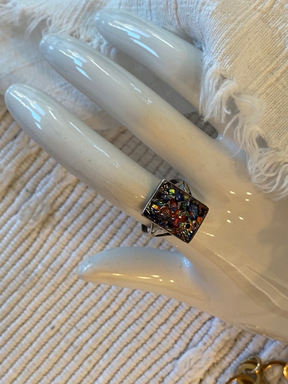 Sterling Confetti Glass Ring Retro Made in England TM… - Gem