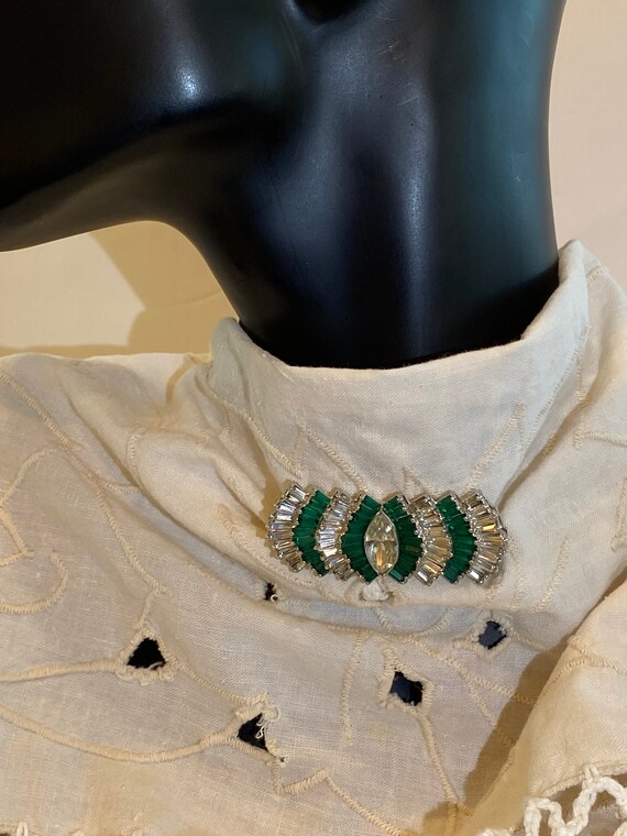 Sterling Rhinestone Green Clear Pin Vintage - Gem