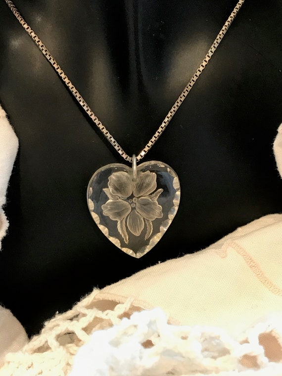 Intaglio Crystal Heart Necklace Sterling Chain - Gem