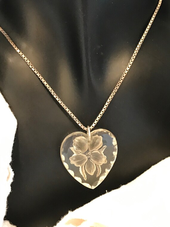 Intaglio Crystal Heart Necklace Sterling Chain - Gem