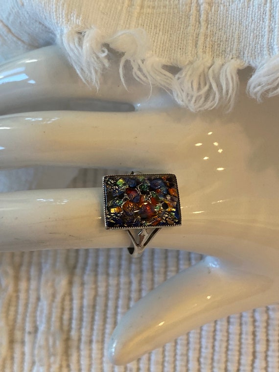 Sterling Confetti Glass Ring Retro Made in England TM… - Gem