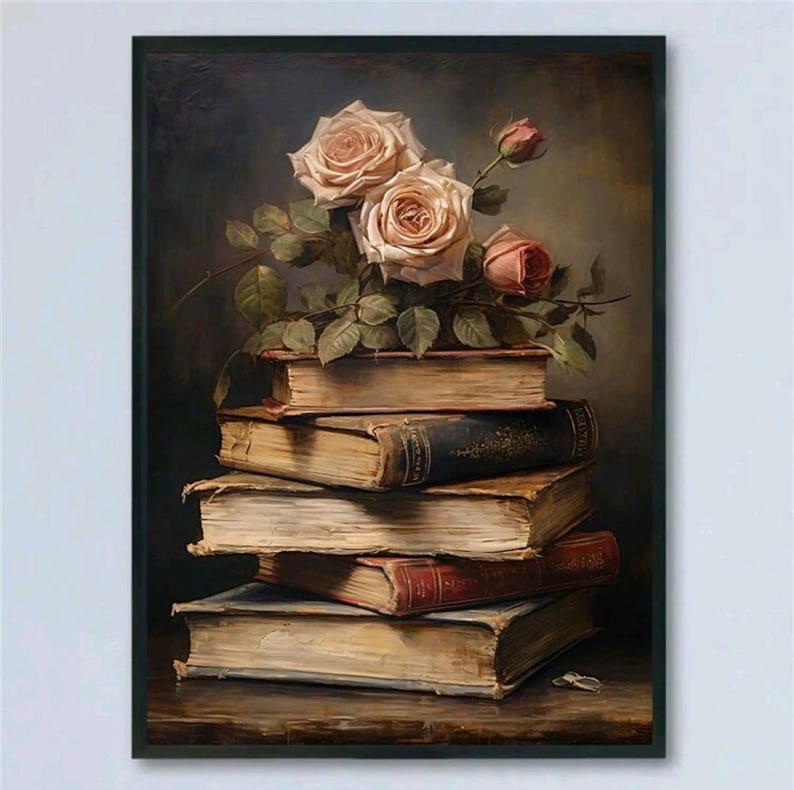 Book Stack With Roses Canvas Art Print - Etsy