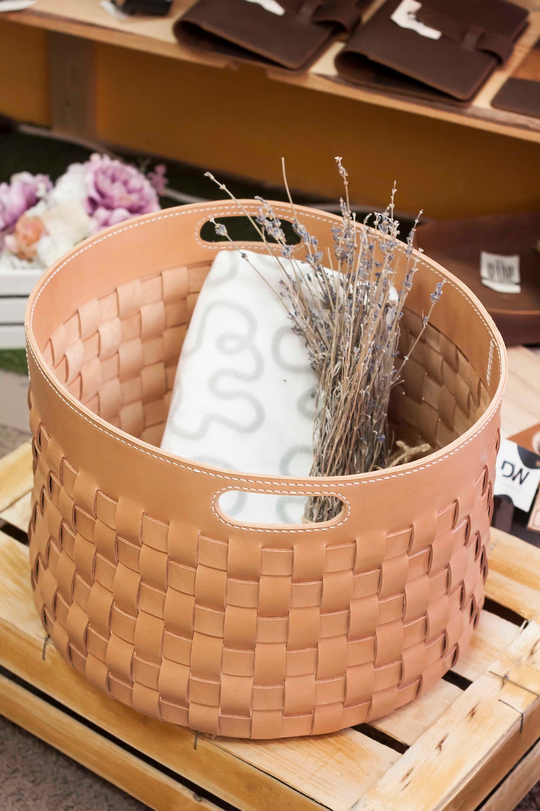 Woven Leather Basket, Larger Storage Bin, Leather Log Basket, Leather ...