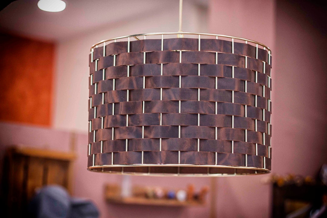 Leather Drum Chandelier Lighting, Leather Pendant Light, Woven ...