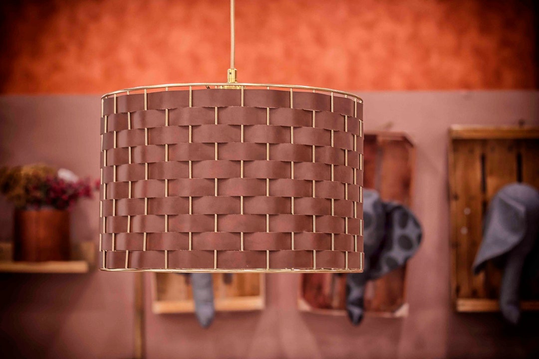 Leather Hanging Lamp Round, Drum Pendant Light, Woven Lampshade, Modern ...