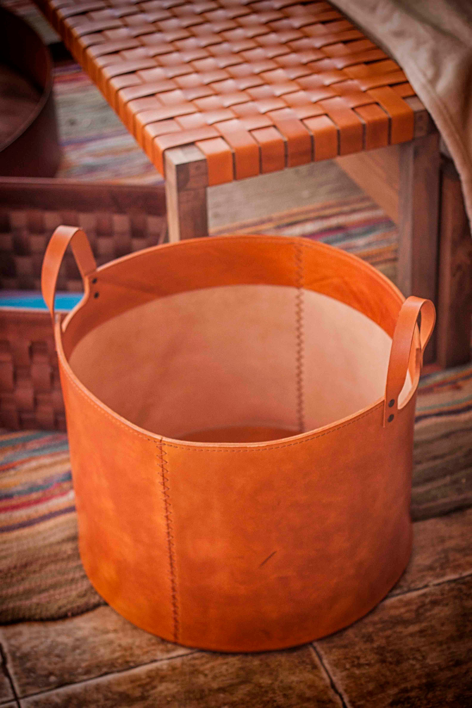 Large Genuine Leather Firewood Basket for Indoor or Outdoor Furniture ...