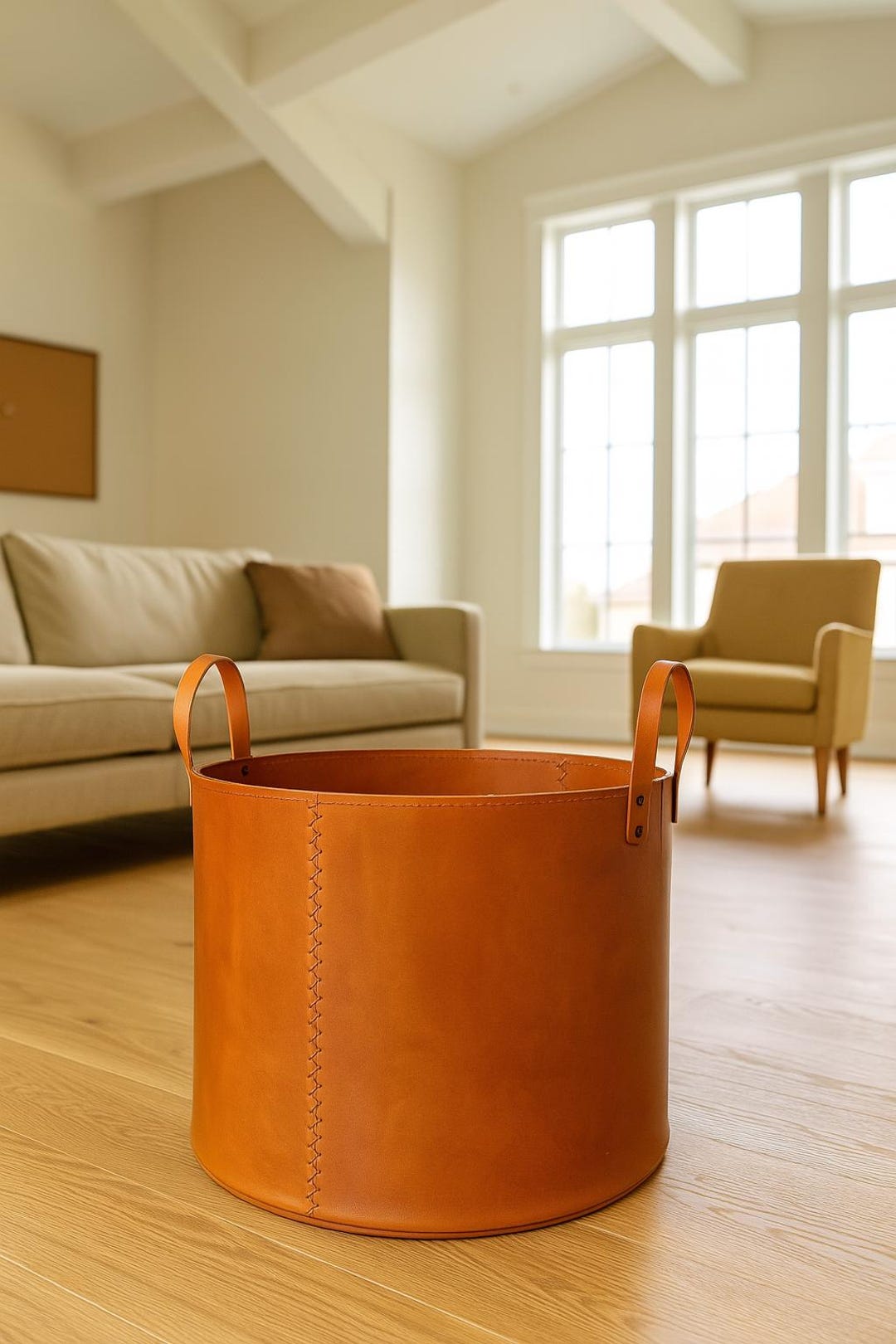 Genuine Leather Floor Basket for Storage Organization, Fireplace Log ...