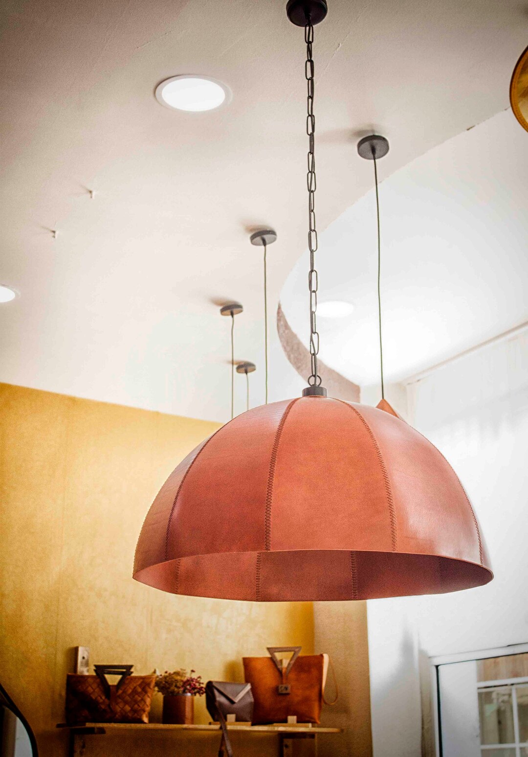 Leather Light Fixture, Leather Chandelier, Artisan Dome Lamp, Leather ...