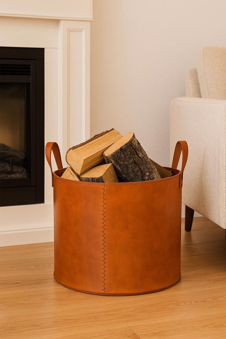 Genuine Leather Floor Basket for Storage Organization, Fireplace Log ...