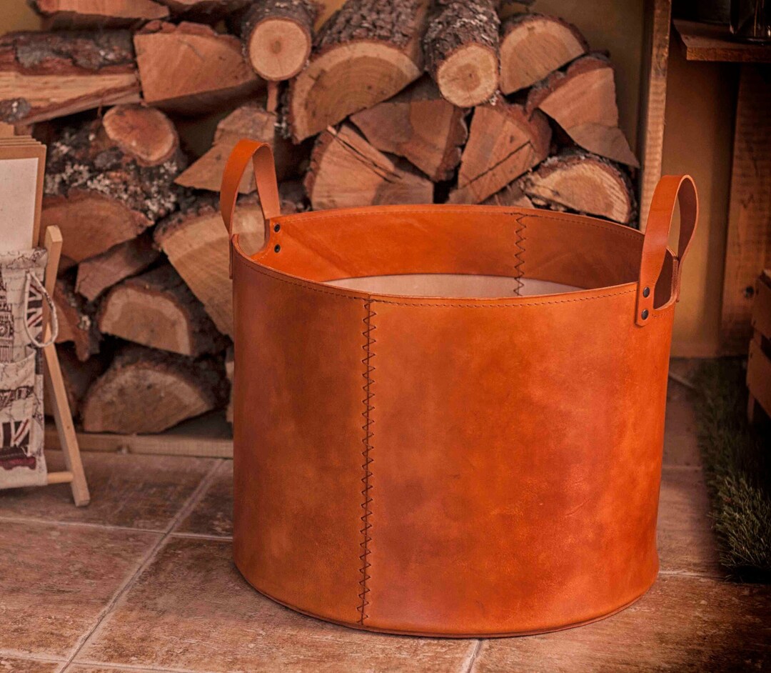 Leather Firewood Basket With Handles Fire Pit Outdoor Decor Best Gift ...