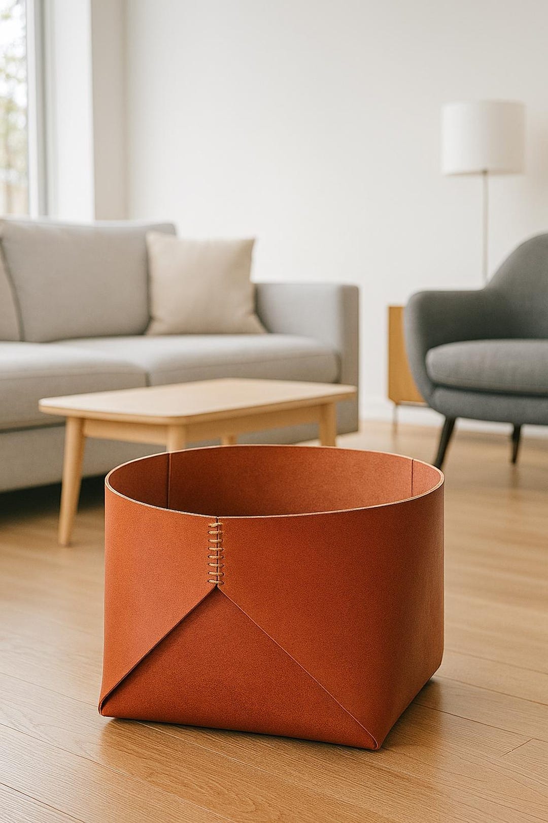 Dark Brown Leather Basket for Blankets, Leather Storage Bin, Leather ...