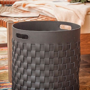 Leather Storage Basket in Black Large Woven Leather Laundry Bin for ...