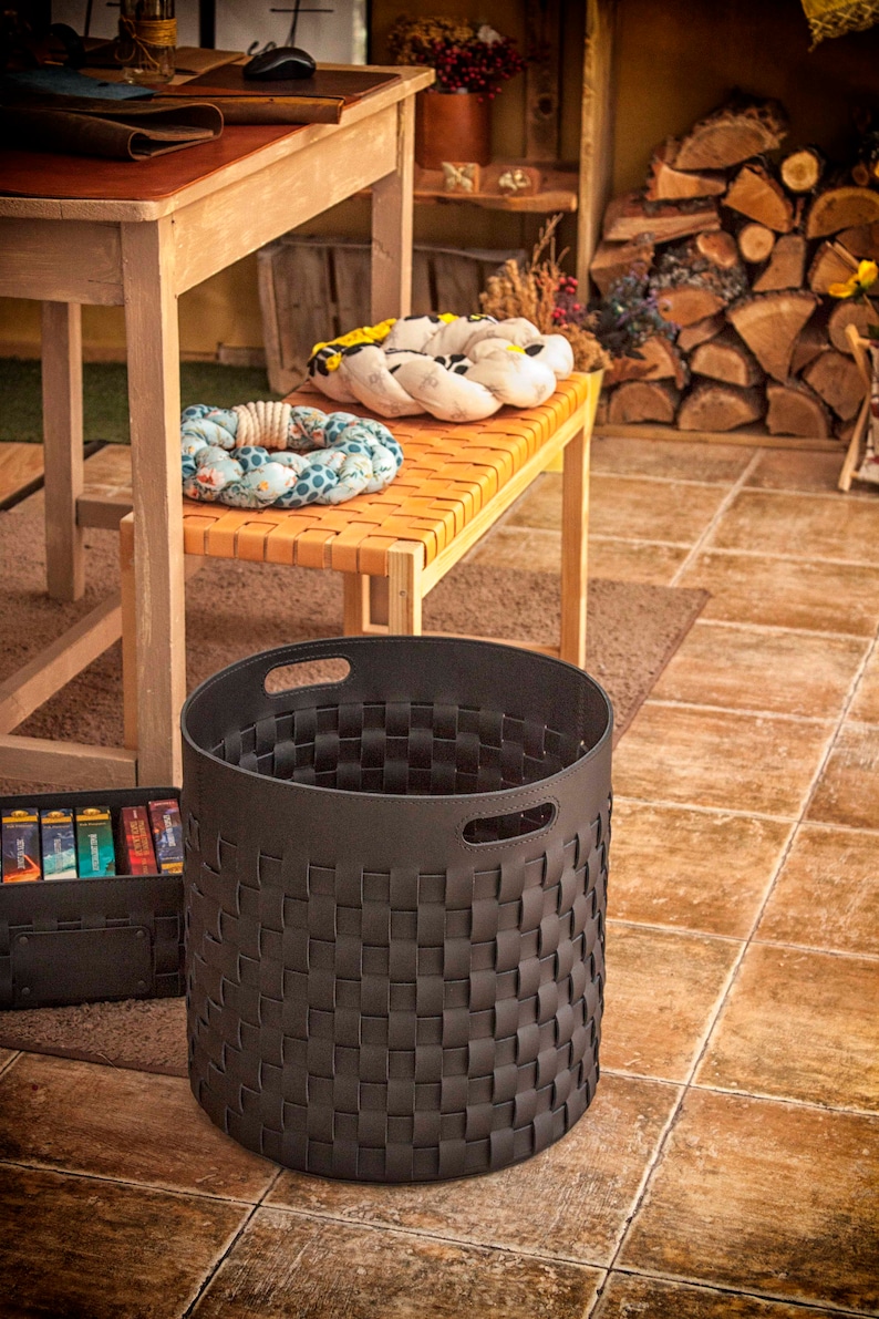 Leather Storage Basket in Black Large Woven Leather Laundry - Etsy